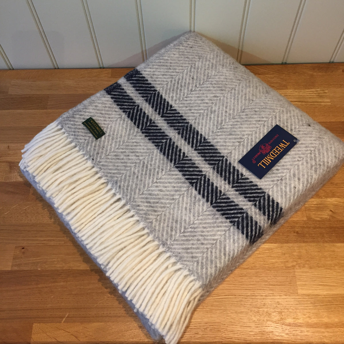 Tweedmill Fishbone 2 Stripe Throw - Silver Grey/Navy Blanket Pure New ...