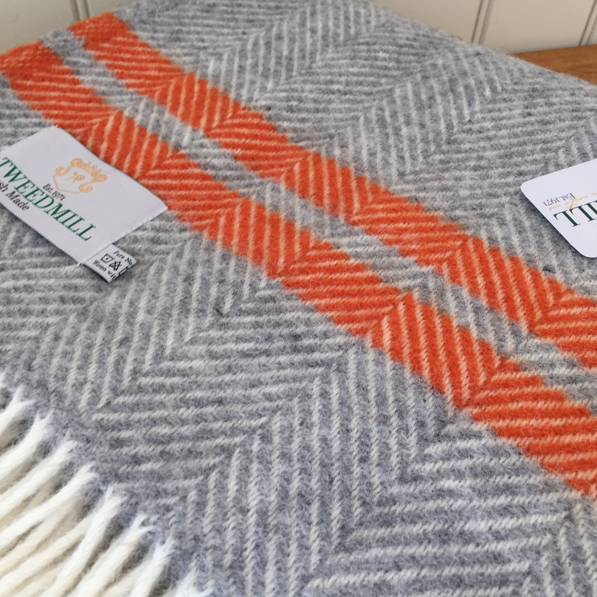 Tweedmill Fishbone 2 Stripe Throw - Grey/Pumpkin Blanket Pure New Wool ...
